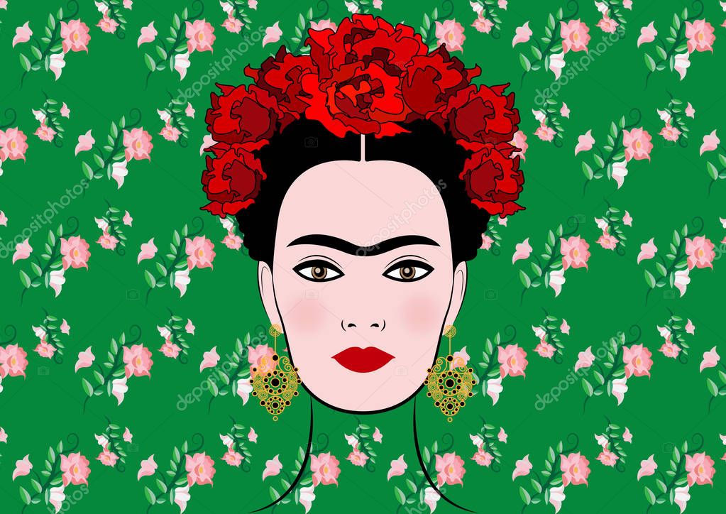 Frida Kahlo vector retrato, joven hermosa mujer mexicana con un peinado ...