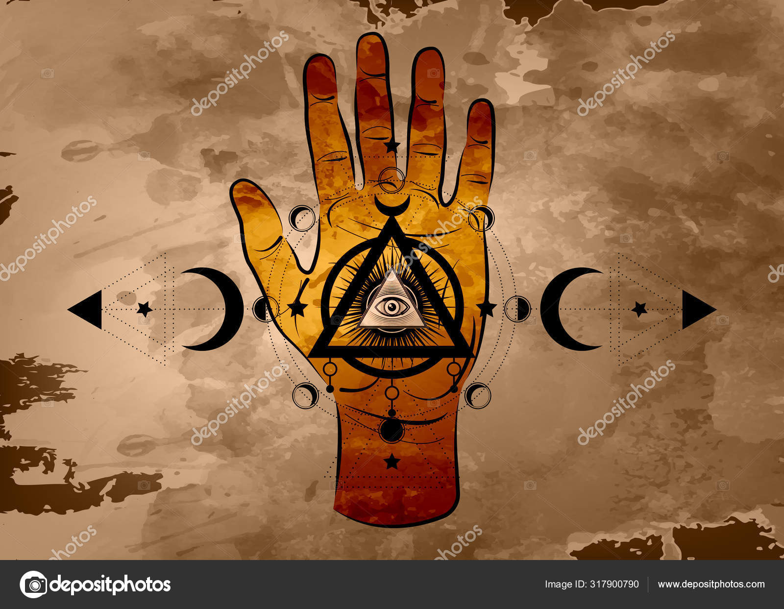 Third eye hand esoteric spiritual icon. Sacred pyramid of knowledge, an ...