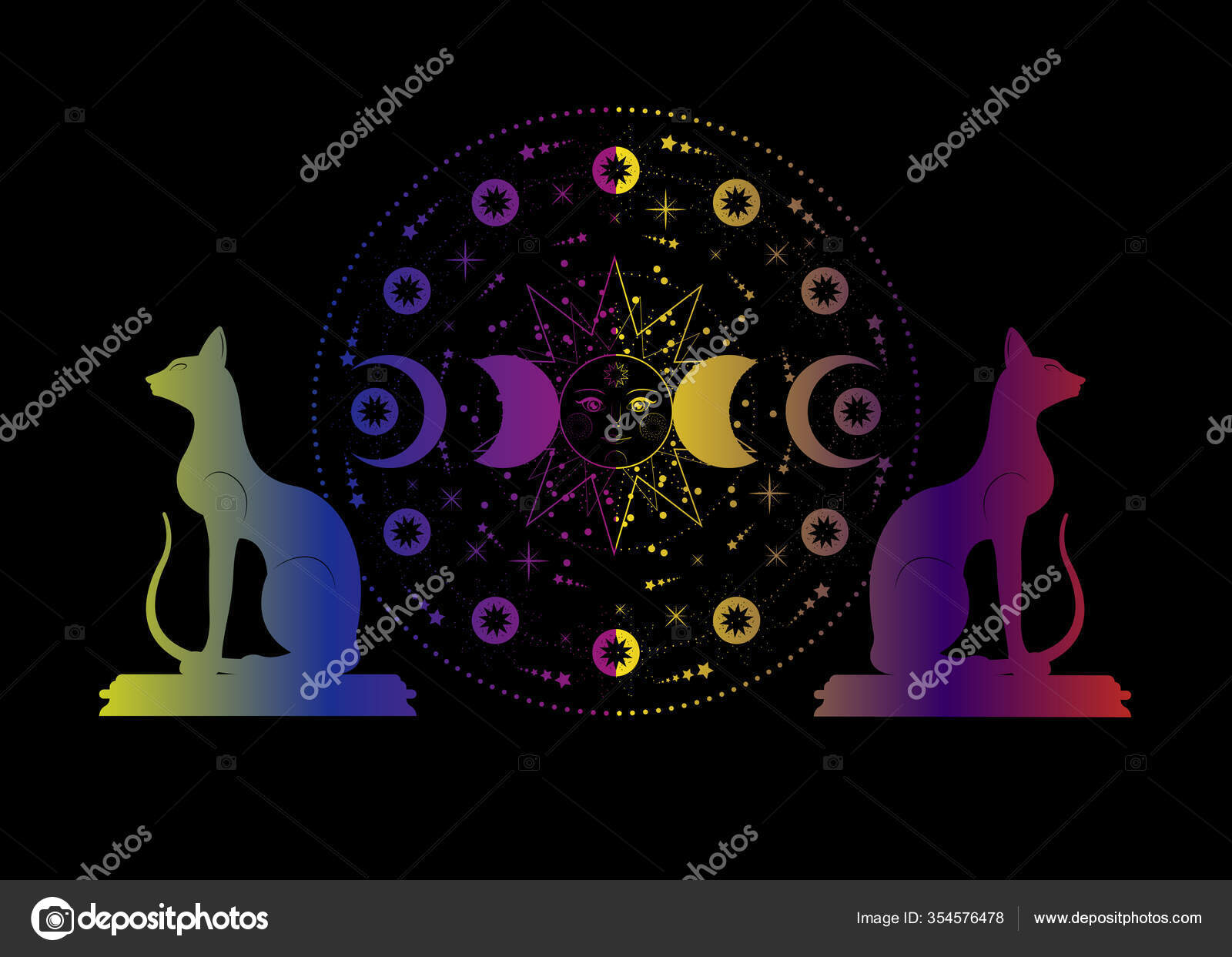 Triple Moon Cats Pagan Wiccan Goddess Symbol Sun System Moon Stock ...