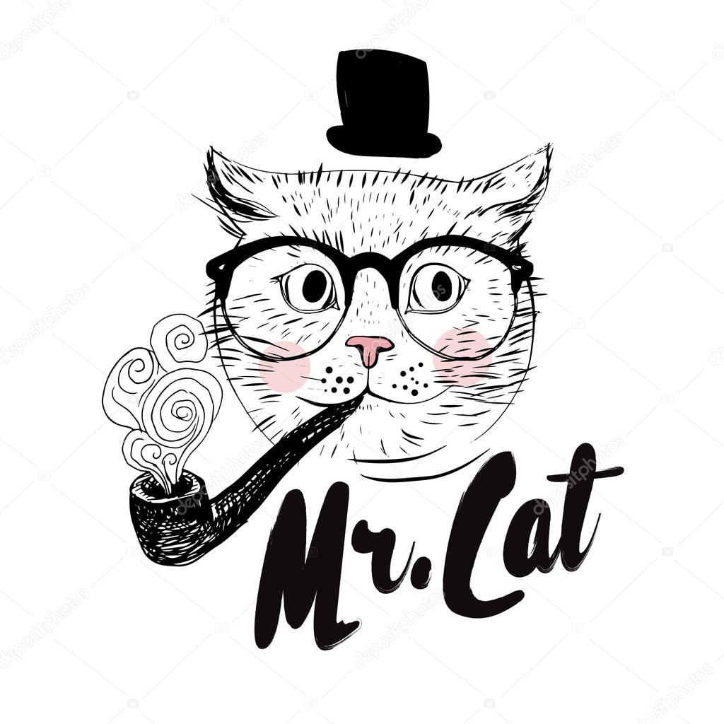 Cute cat wearing glasses smoking pipe — Stock Vector © shekaka #133738696