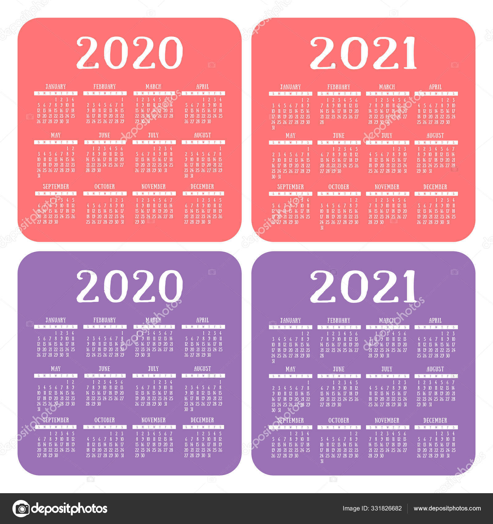 Calendar Set 2020 2021 Square Vector Calender Design Template English ...