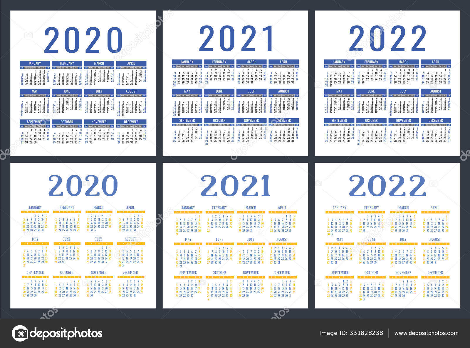 Calendar 2020 2021 2022 Years Pocket Calender Simple Set Week Stock ...