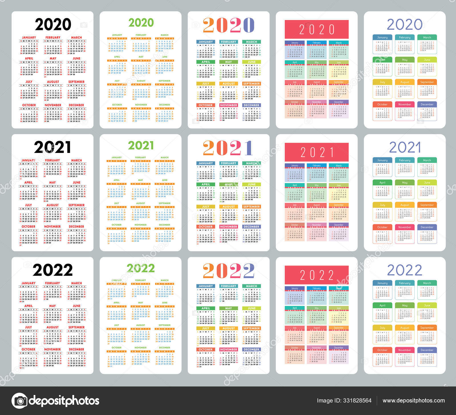 Calendar 2020 2021 2022 Years Colorful Vector Set Week Starts Stock ...