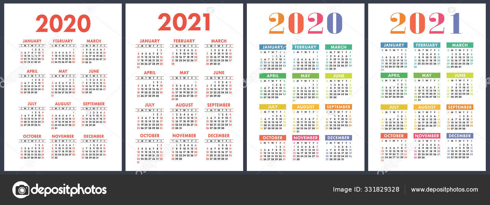 Calendar 2020 2021 Years Colorful Vector Set Week Starts Sunday Stock ...