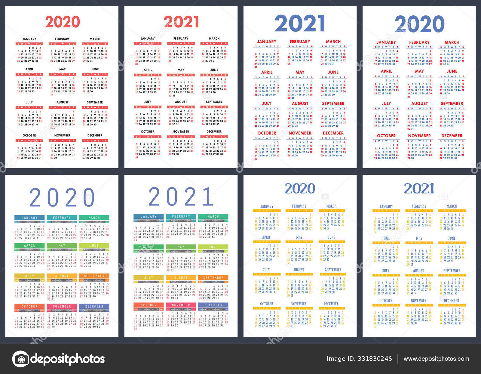 Calendar 2020 2021 Years Colorful Vector Set Week Starts Sunday Stock ...