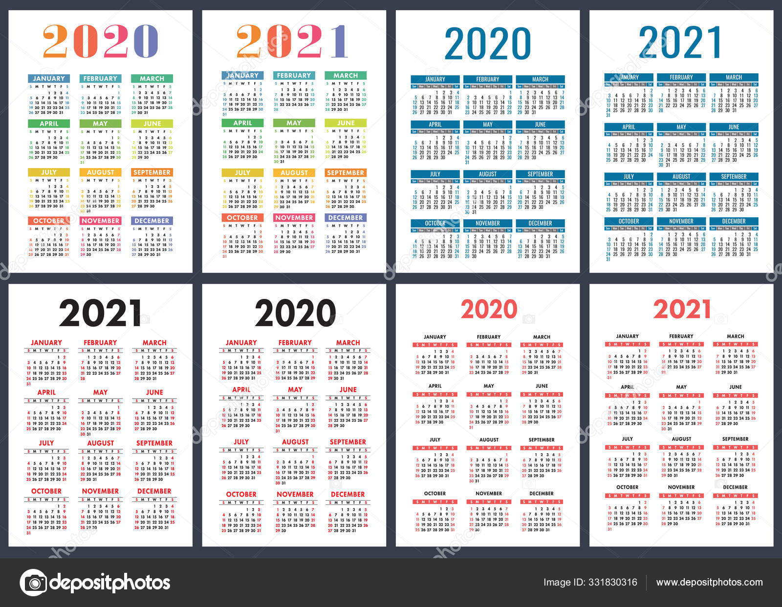 Calendar 2020 2021 Years Colorful Vector Set Week Starts Sunday Stock ...