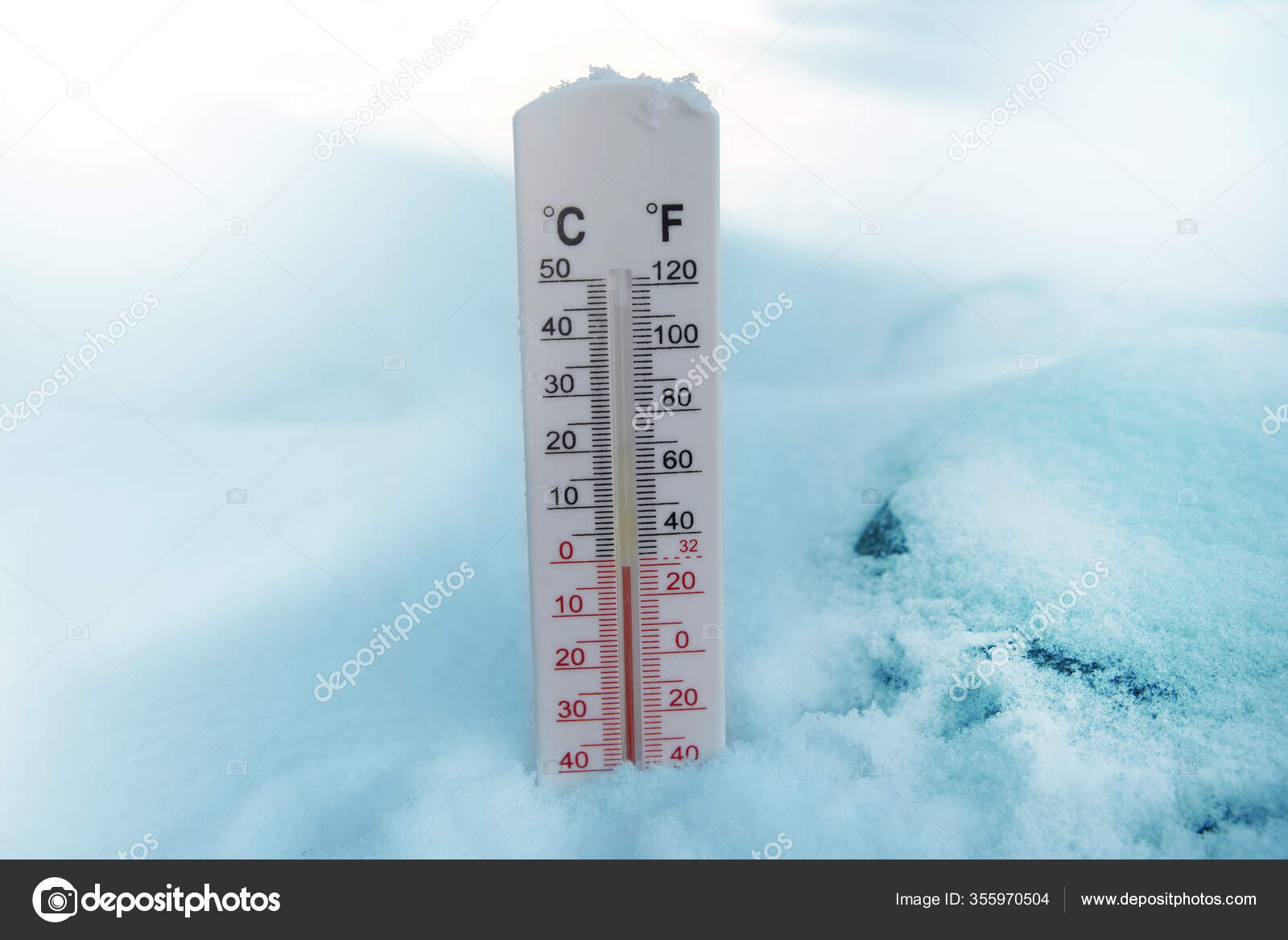 Thermometer Snow Shows Freezing Temperature Celsius Farenheit — Stock