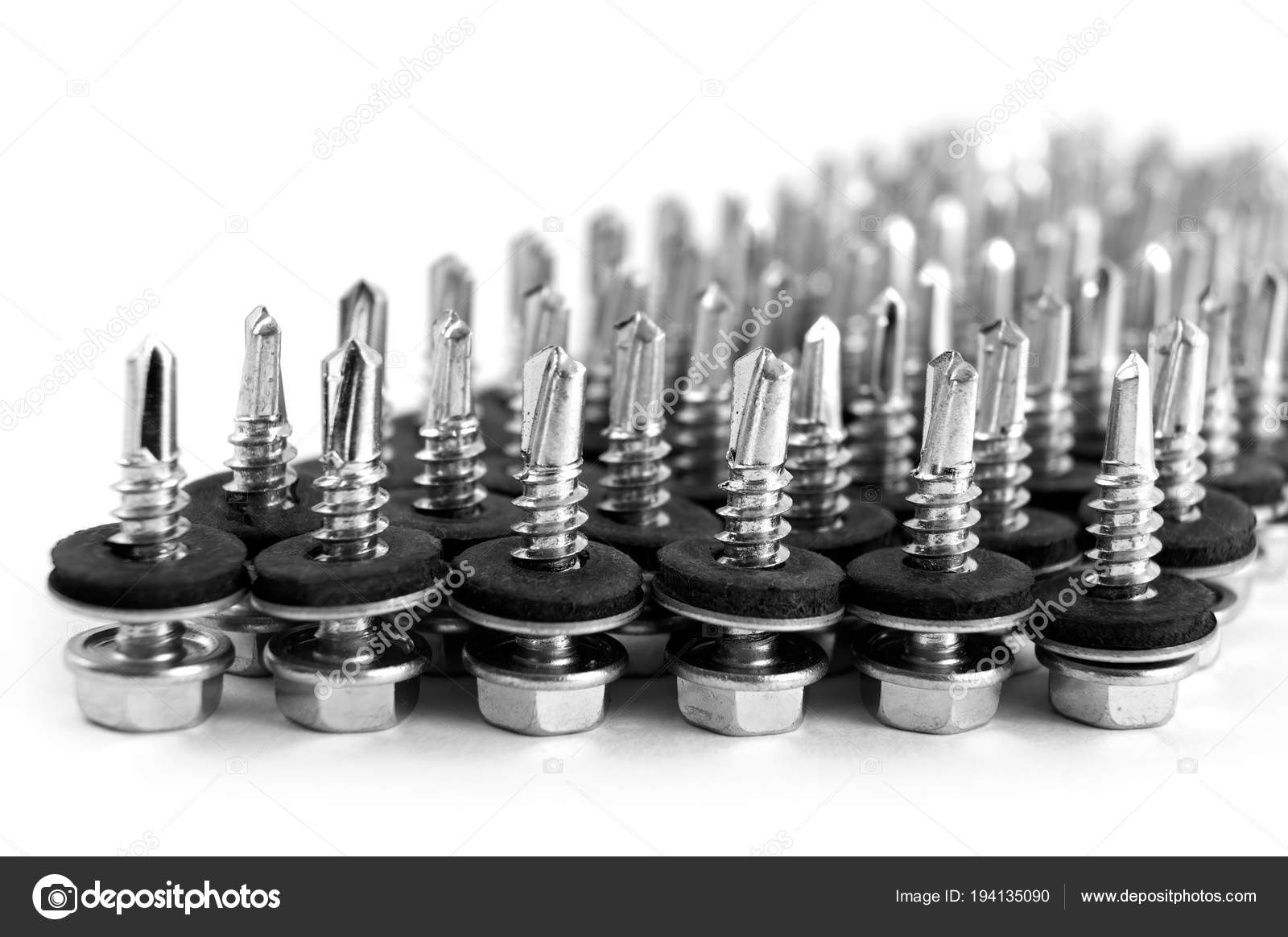 Straight Rows Inverted Screws Rubber Gaskets Washers White Background ...