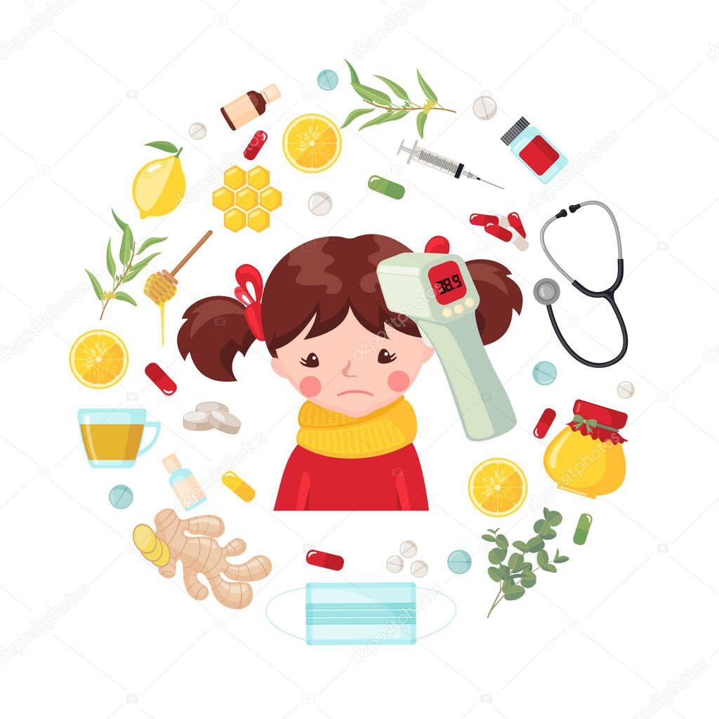 Linda chica con gripe y alta temperatura en estilo plano aislado sobre ...