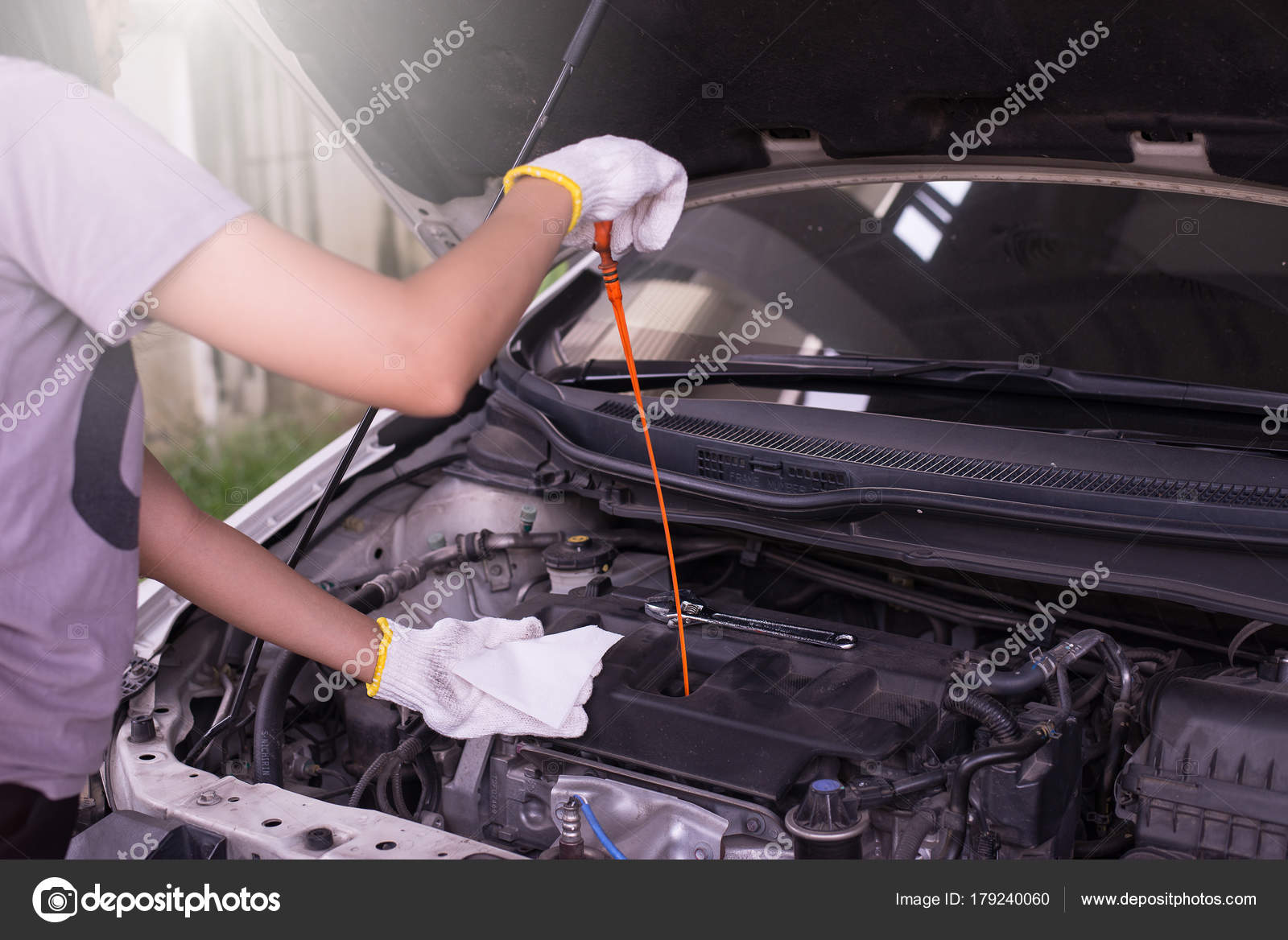Auto Mechanic Checking Oil Level Engine Maintenance Car Repair Automotive Stock Photo by ...