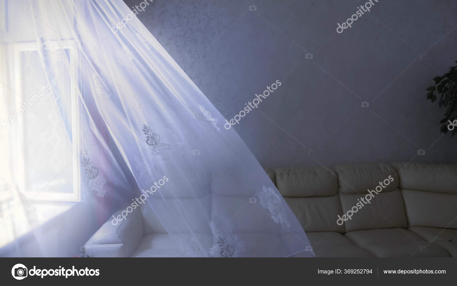 A transparent curtain on the window, gently moved by the wind in the ...
