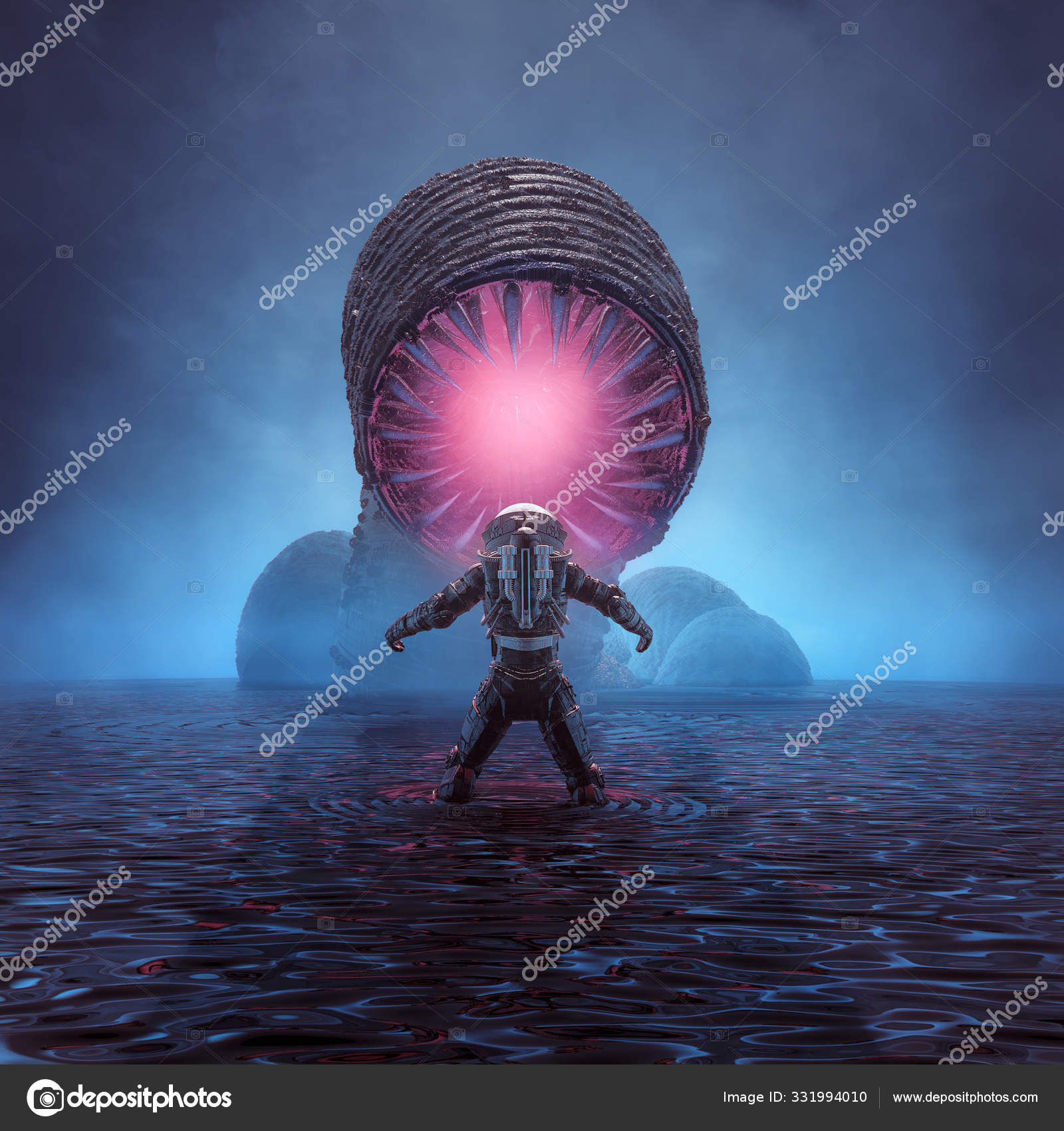 Lair Monster Illustration Retro Science Fiction Scene Showing Astronaut ...
