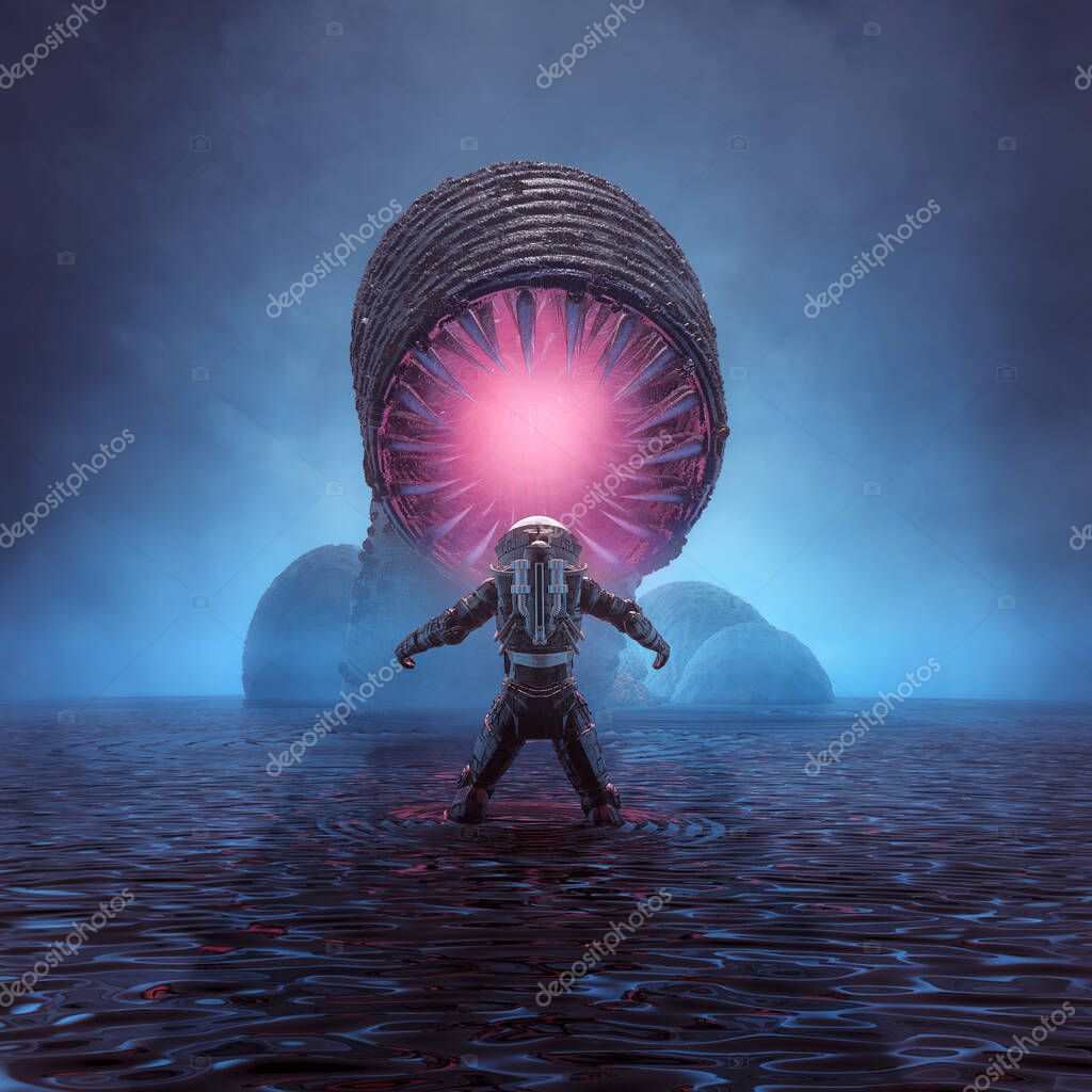 Guarida del monstruo / Ilustraci n 3D de la escena de ciencia ficci n retro que muestra al ...