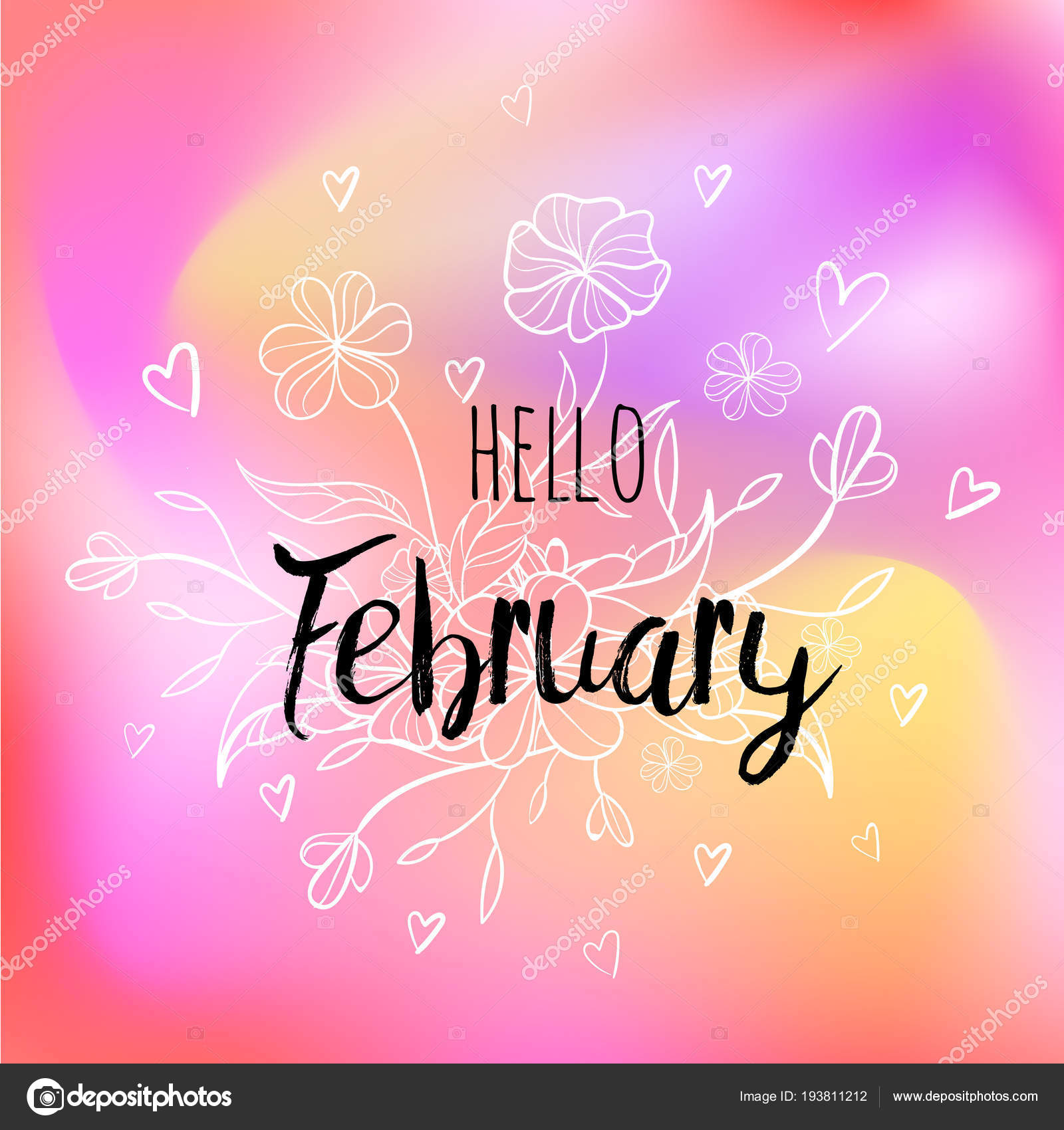Hello February poster with flowers and hearts. Motivational print for ...