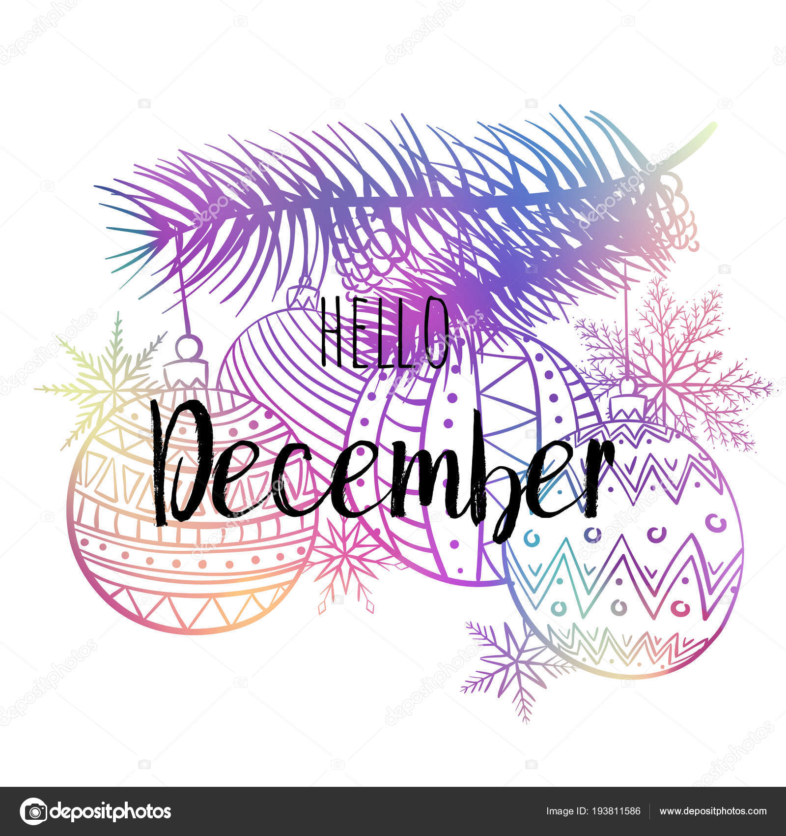 Hello December poster with snowlakes, christmas roys and tree ...