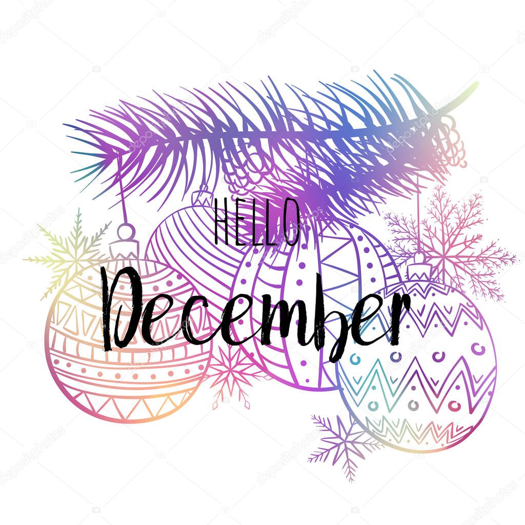 Hola cartel de diciembre con snowlakes, roys de Navidad y árbol ...