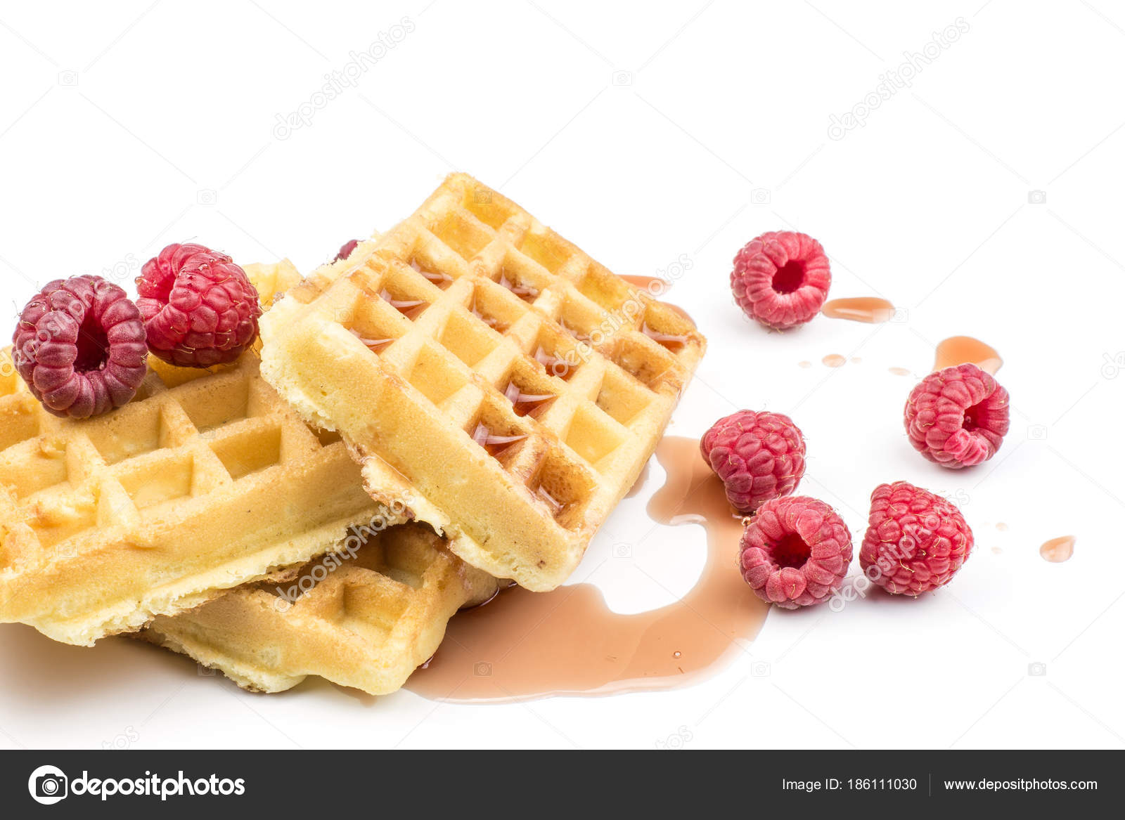 Traditional Waffle Belgian Fresh Red Raspberries Syrup Isolated White ...