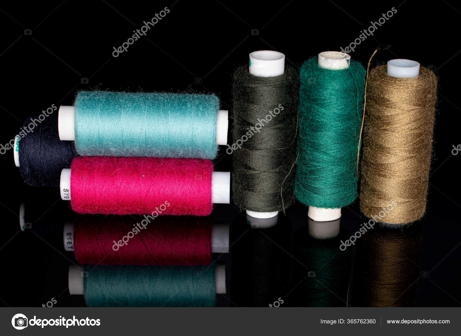 Group Six Whole Thread Spools Isolated Black Glass Stock Photo by ...