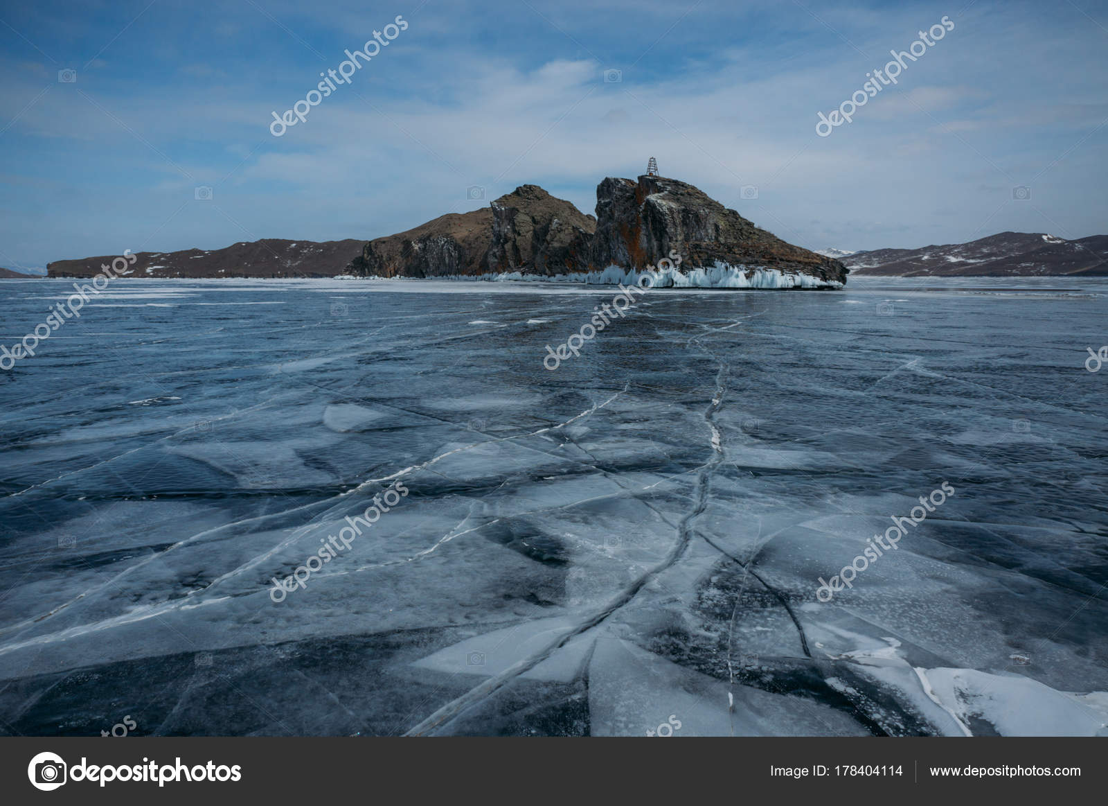 View Ice Covered Water Surface Lake Rock Formations Background Russia ...