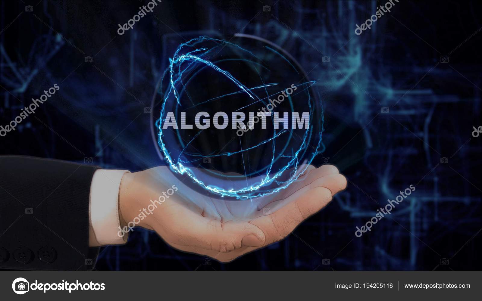 Painted hand shows concept hologram Algorithm on his hand — Stock Photo ...