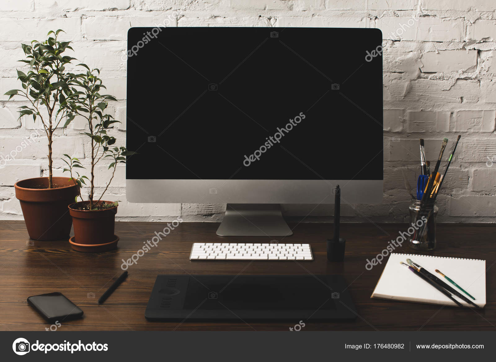 Desktop Computer Blank Screen Graphics Tablet Smartphone Wooden Table ...