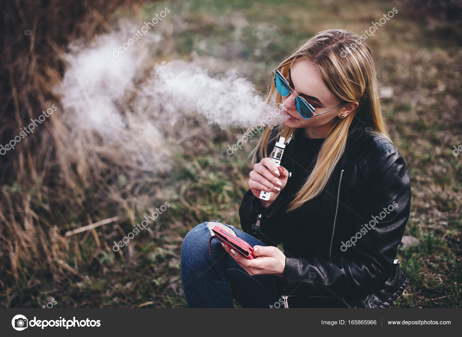 Vaping Young Beautiful Woman Smoking Vaping E Cigarette With Smoke
