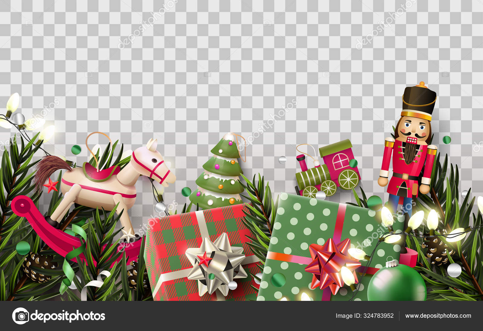 Christmas border with decorations, gift boxes and wooden toys Stock ...