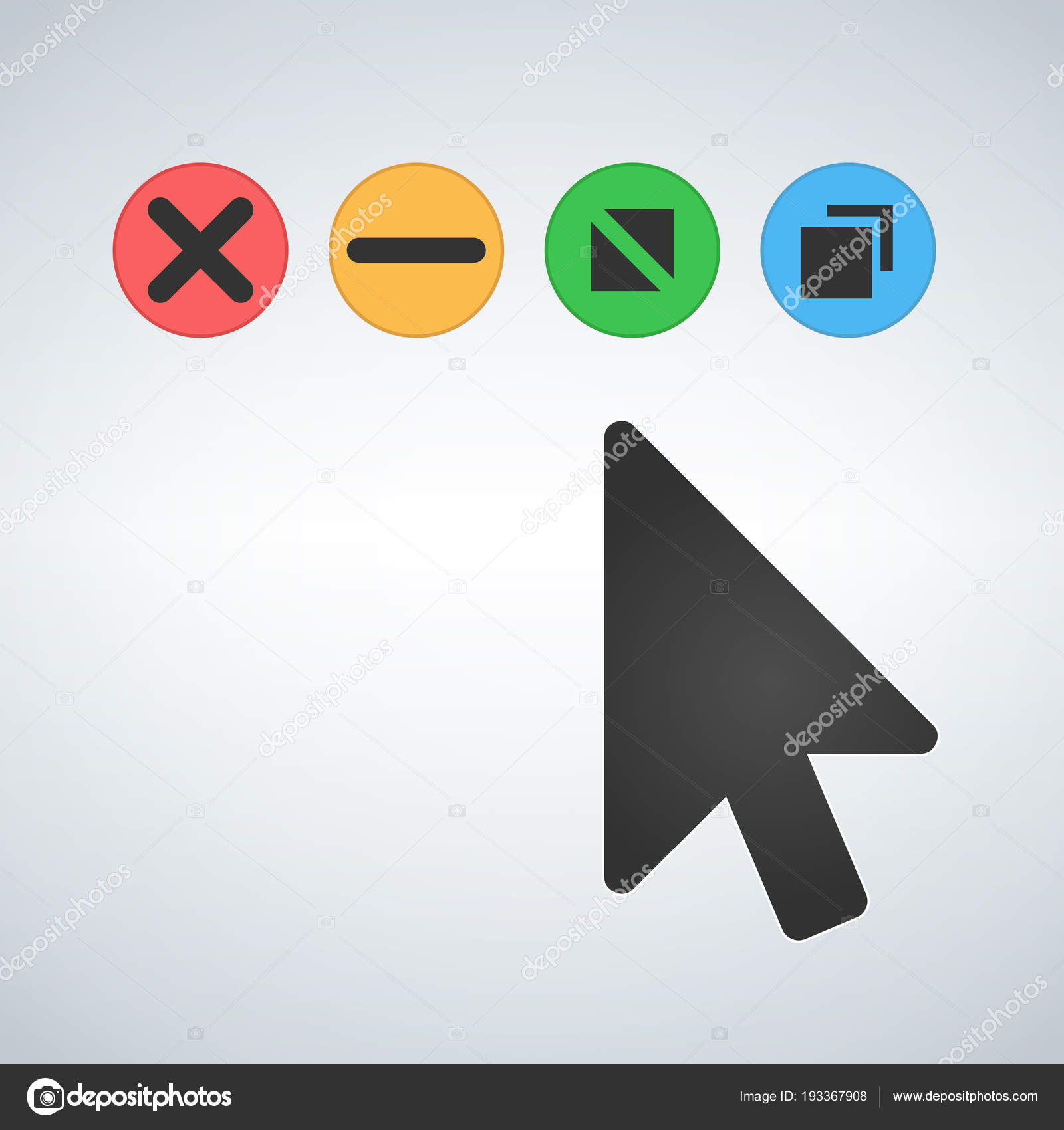 OS or Web multicolor buttons with mouse cursor. Close minimize zoom full screen and expand ...