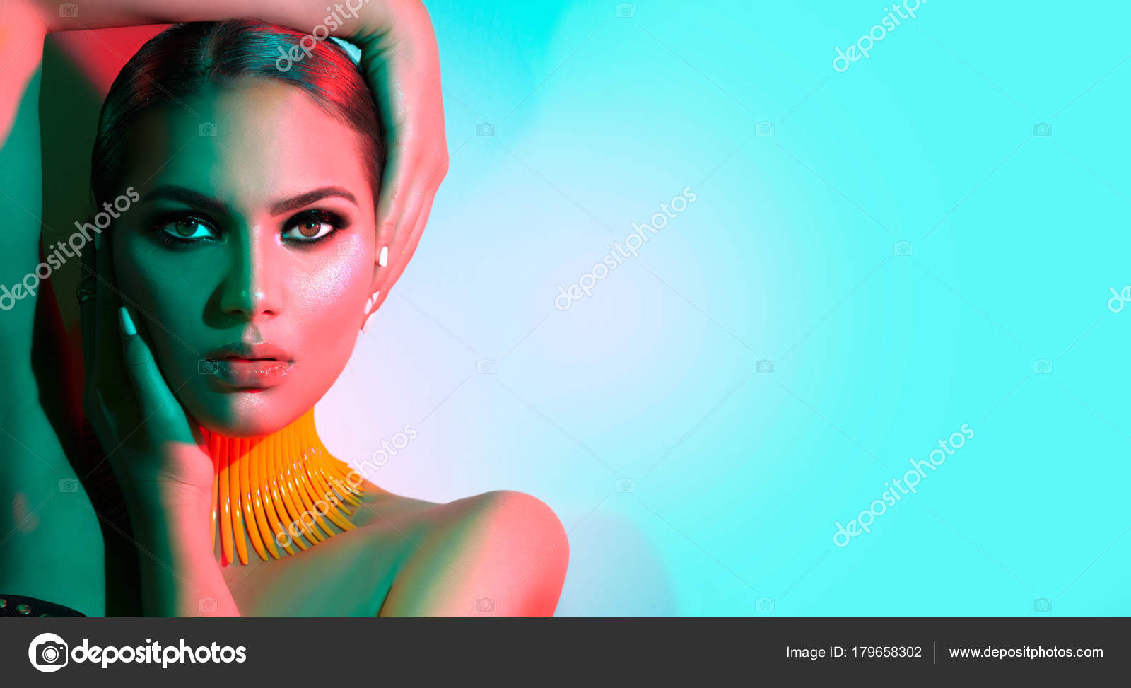 Fashion Model Colorful Bright Lights Trendy Make Stock Photo by ...