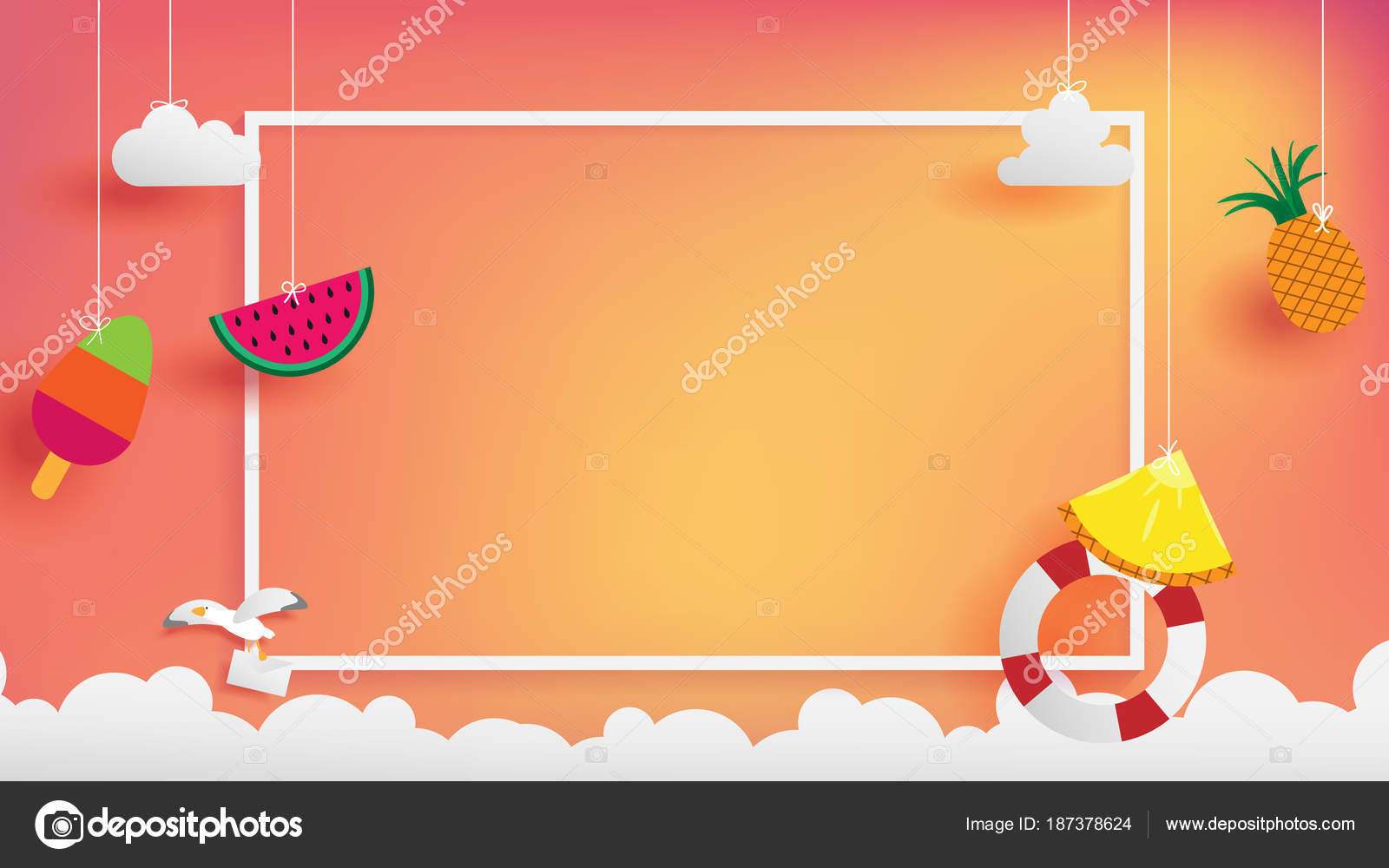 Summer Banner Horizontal Frame Contain White Border Sunset Light ...
