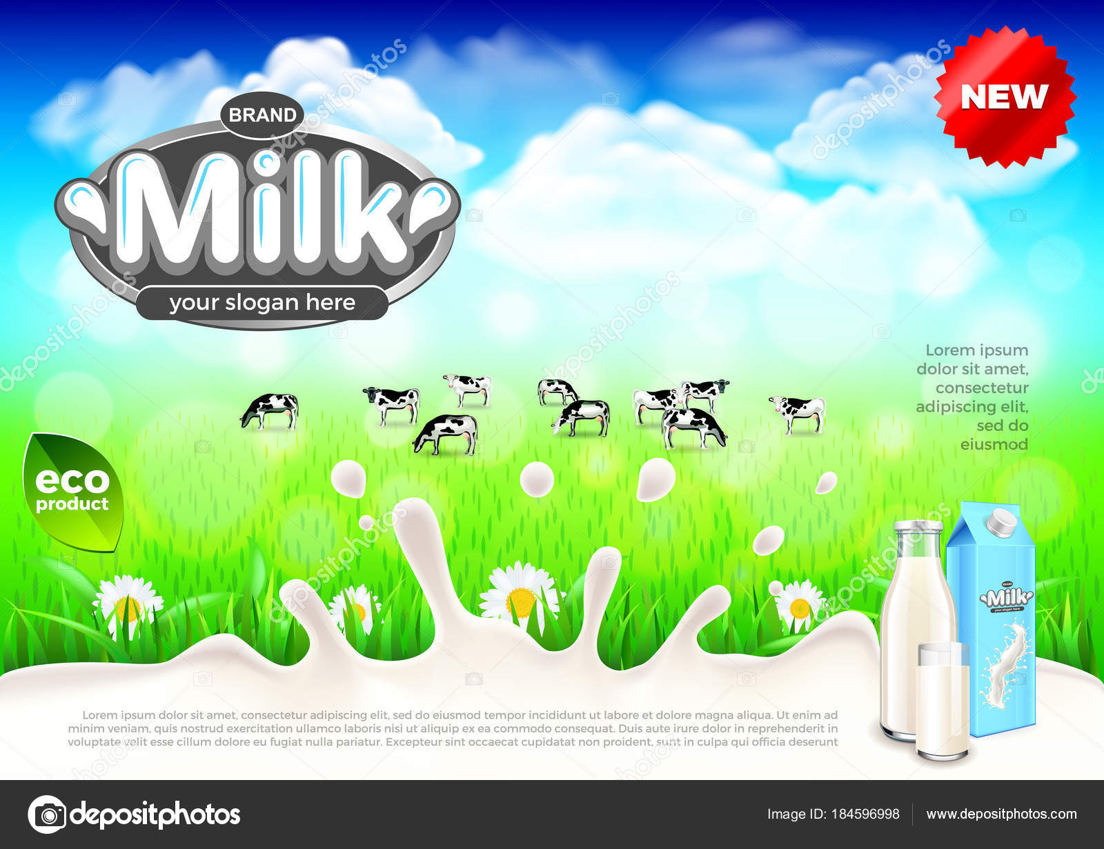 Milk ads. Cows on green field farm vector background Stock Vector Image ...