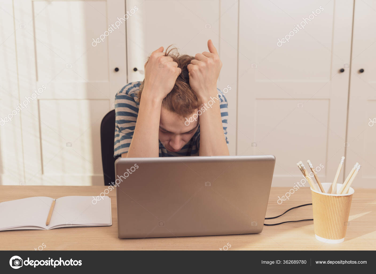 Angry Teenage Boy Learns His Desk His Room Distance Learning Stock ...