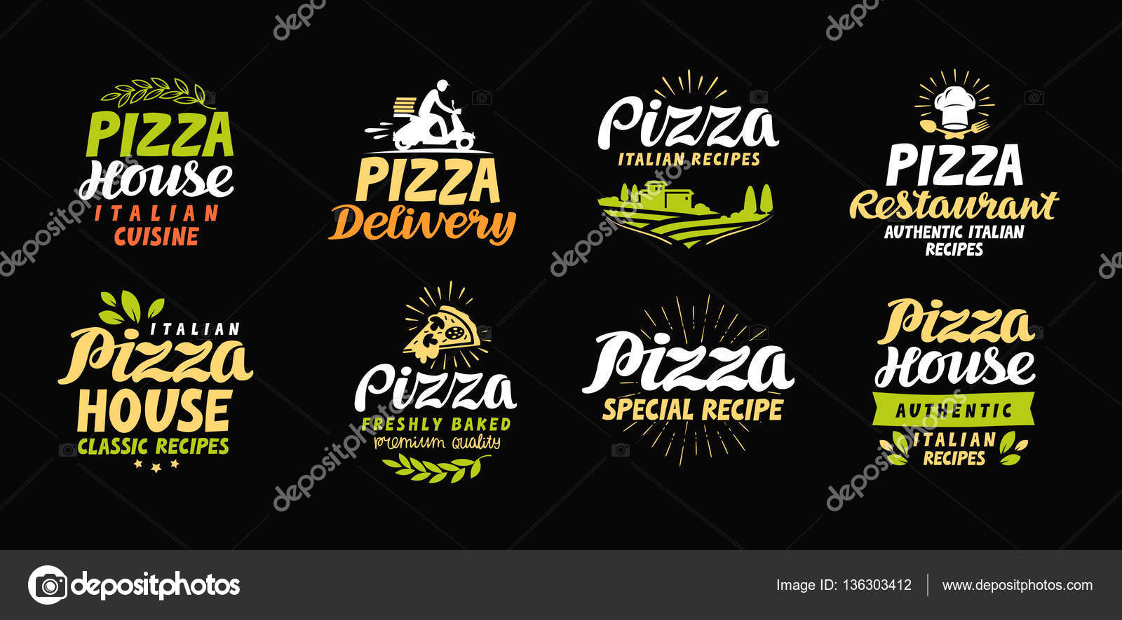 Vector pizza set icons, labels, symbols, signs, design elements Stock ...
