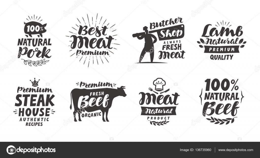 Butcher shop, labels. Meat, beef, pork, lamb set icons. Lettering ...