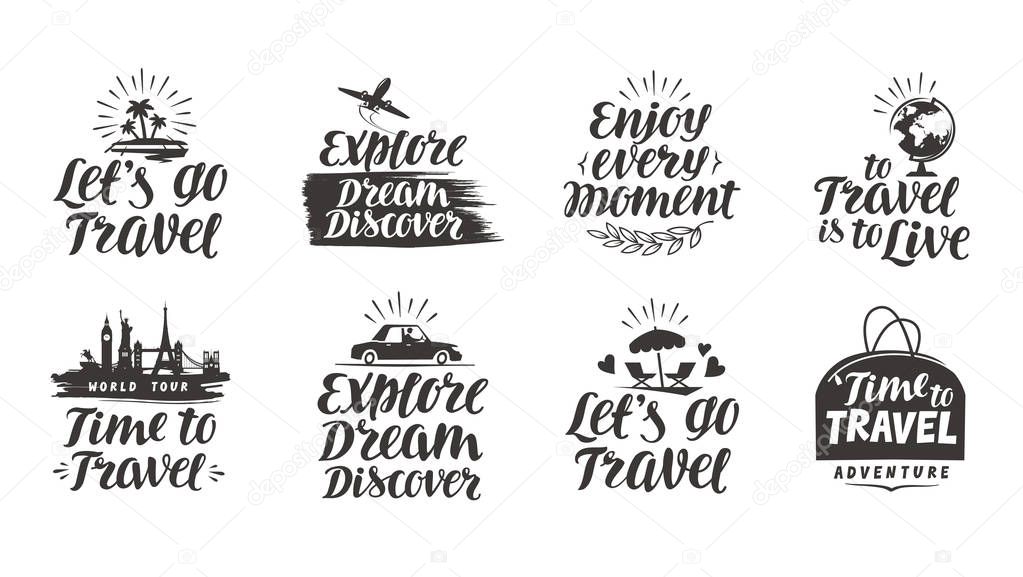 Viajes, viaje vector conjunto de etiquetas. Letras manuscritas 2023