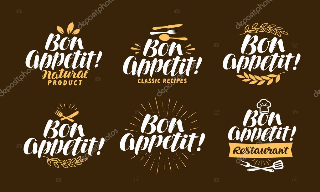 Bon appetit, lettering. Restaurante, set de etiquetas. Ilustración ...