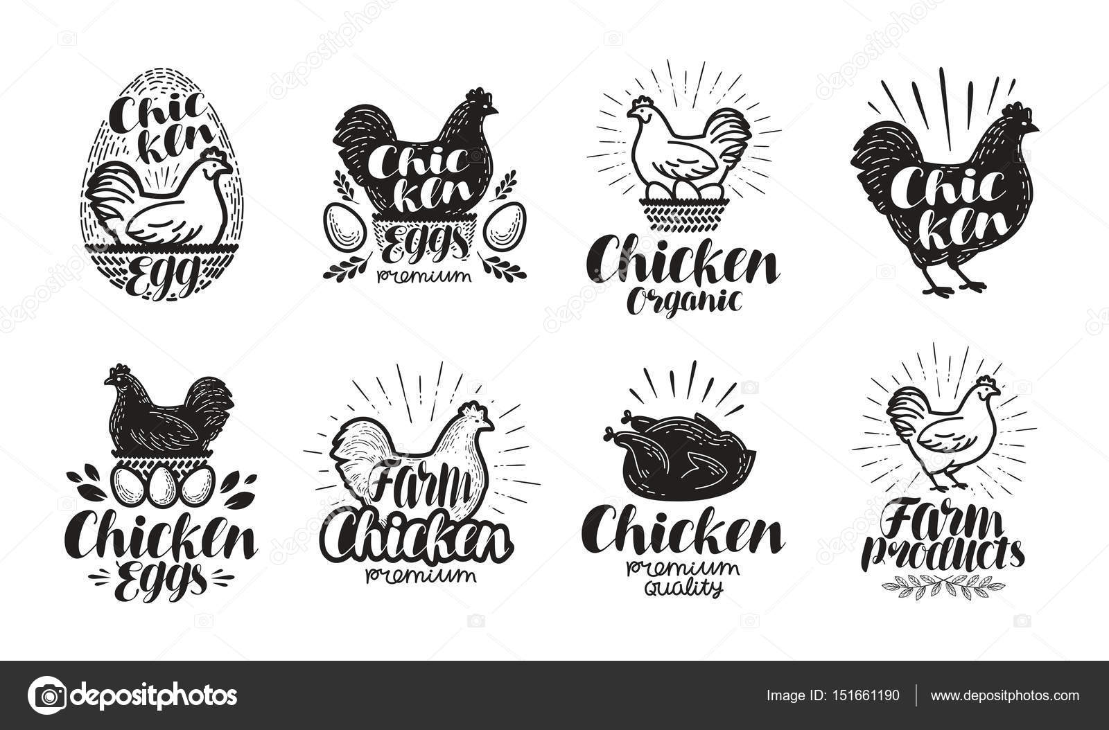 Chicken, poultry farm label set. Food, meat, egg icons or logos ...