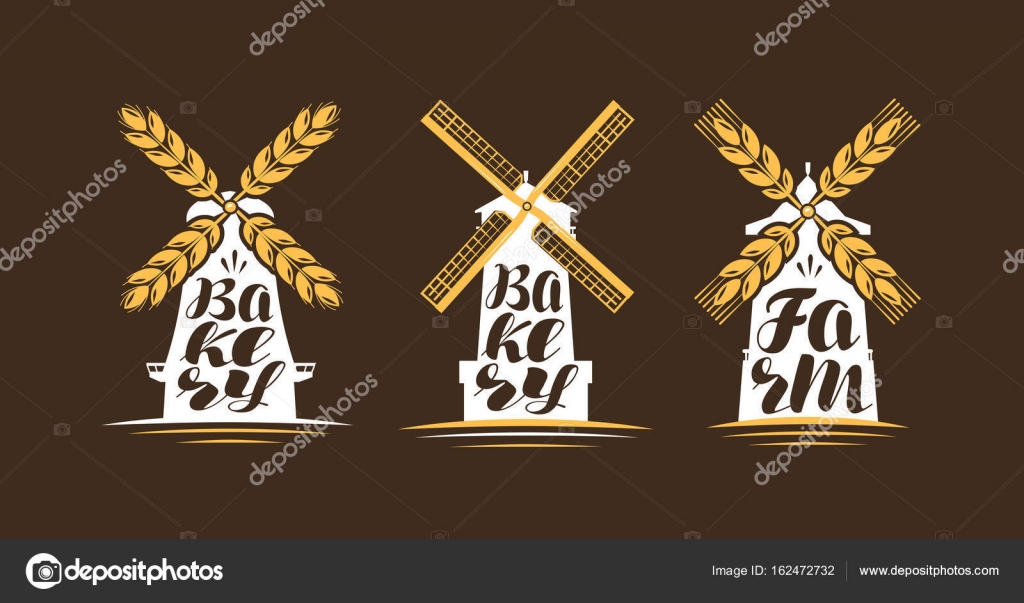 Farm, bakery logo or label. Windmill, mill icon. Lettering, calligraphy ...