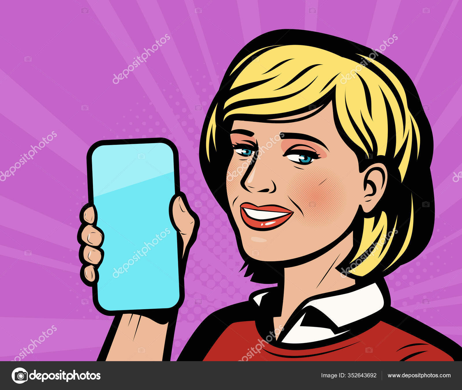Beautiful Young Woman Smartphone Hand Retro Comic Pop Art Vector Stock