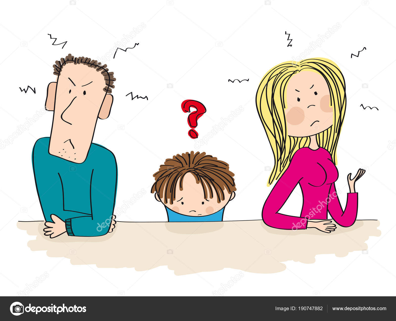 Quarreling parents. Their child is sitting between, thinking about ...