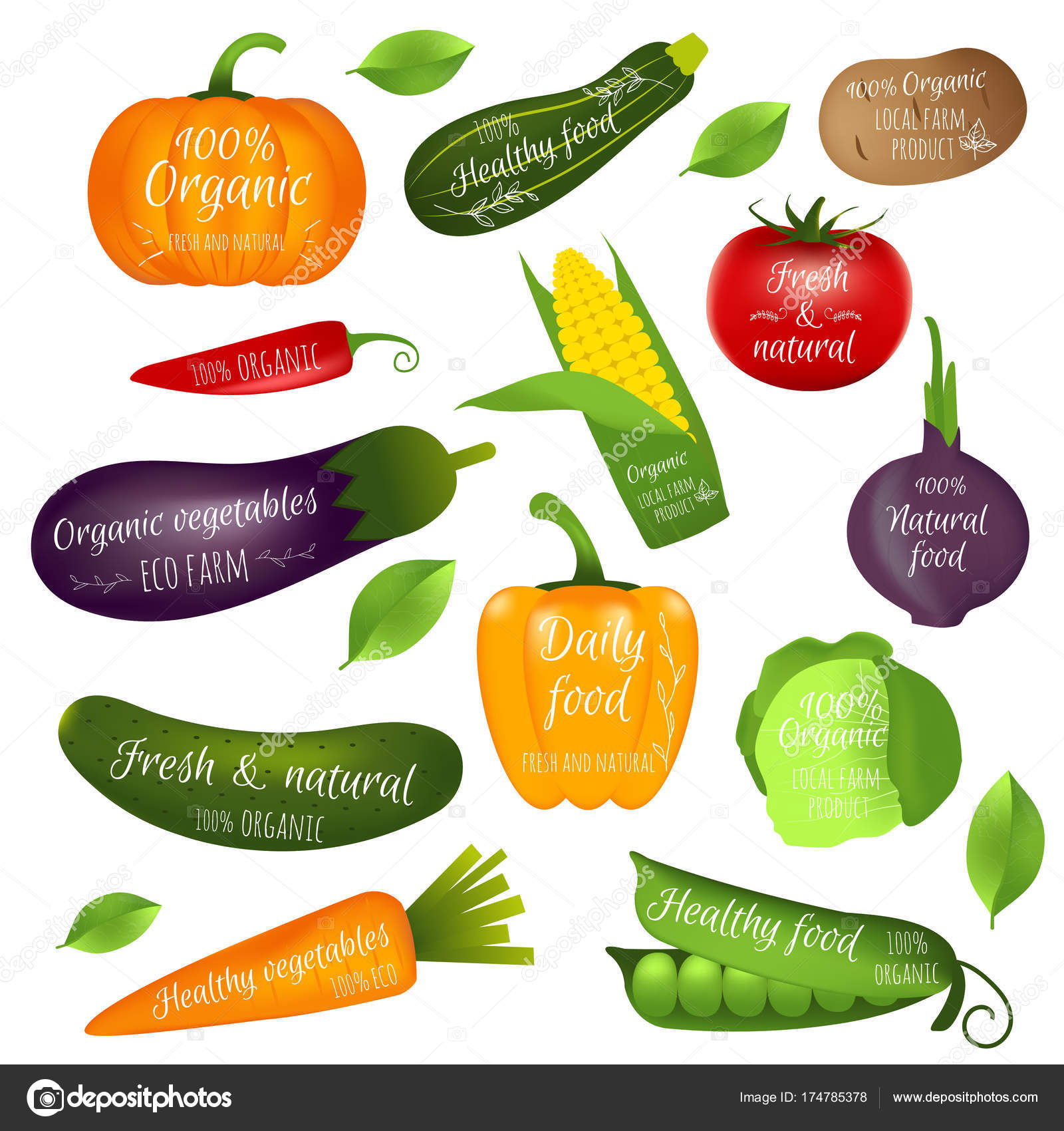 Set Vegetables Labels Sample Text Collection Realistic Icons Groceries ...