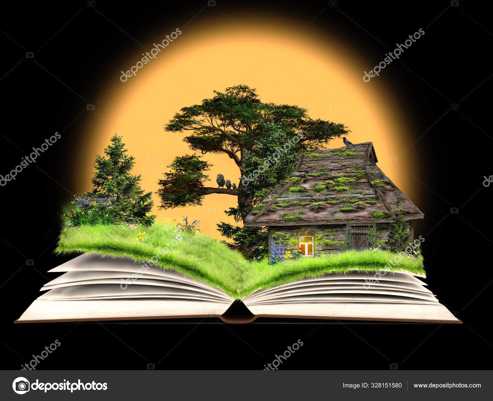 Fairy Tale Pages Open Book Rustic Old House Forest Glade — Stock Photo ...