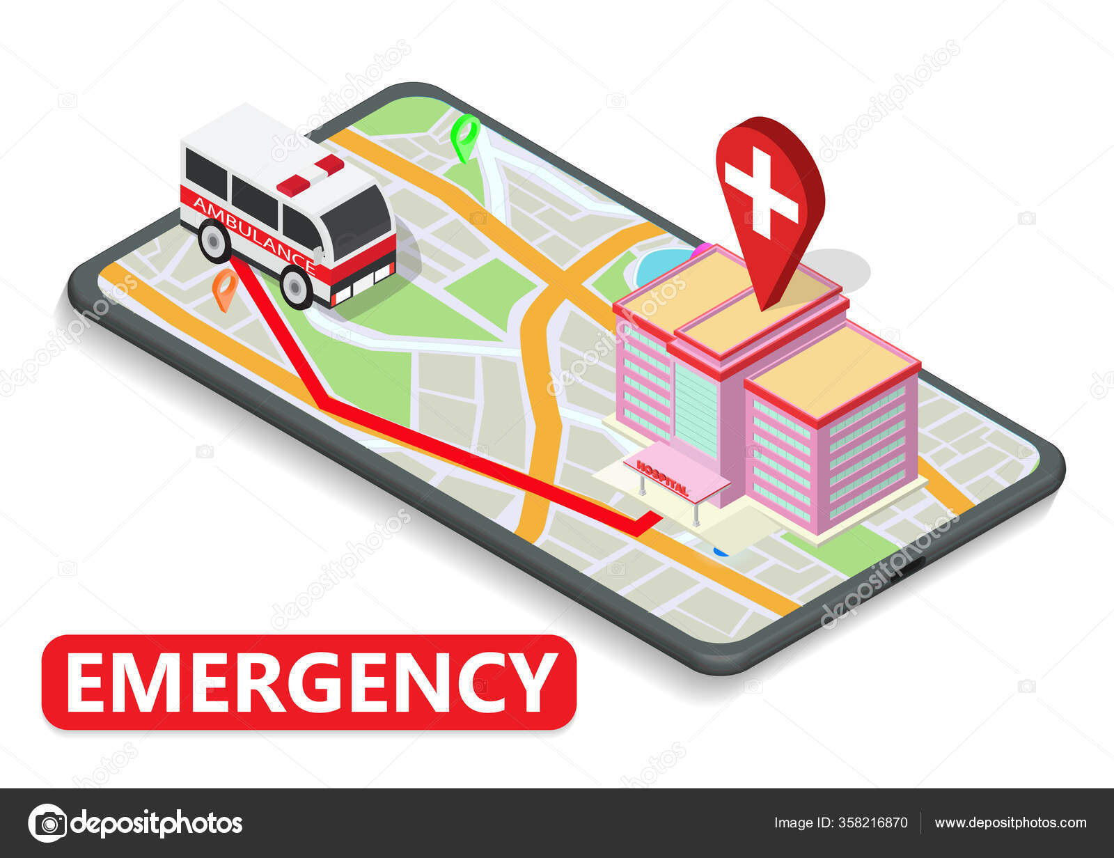 Emergency Concept Isometric Map Ambulance Hospital Phone Stock Vector ...