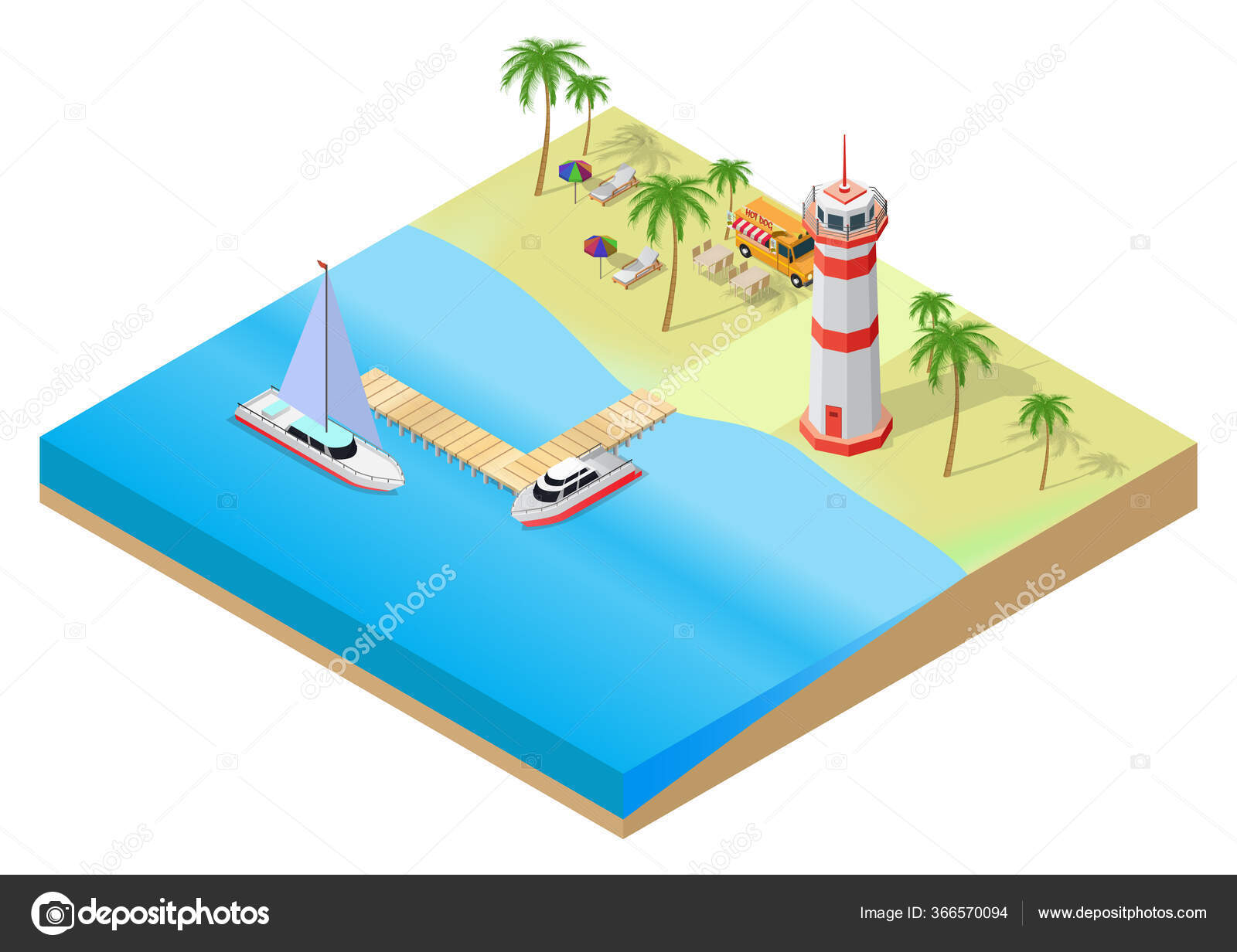 Vector Isométrico Playa Tropical Verano Con Faro Palmera Barcos Coche ...