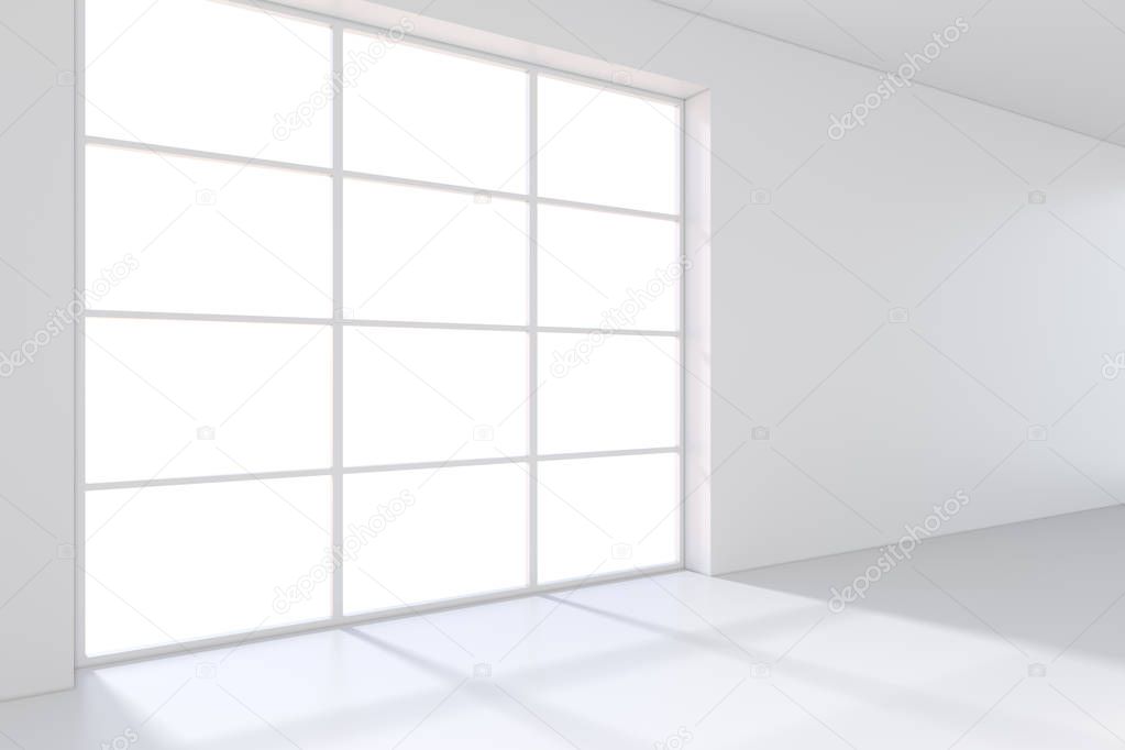 Large window in white room with a bright light. 3D rendering — Stock ...