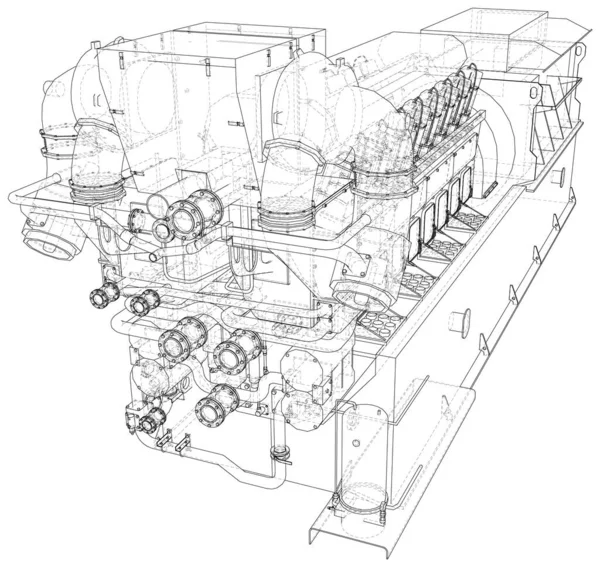 Powerful V8 car engine. The engine is drawn with white lines on a black ...