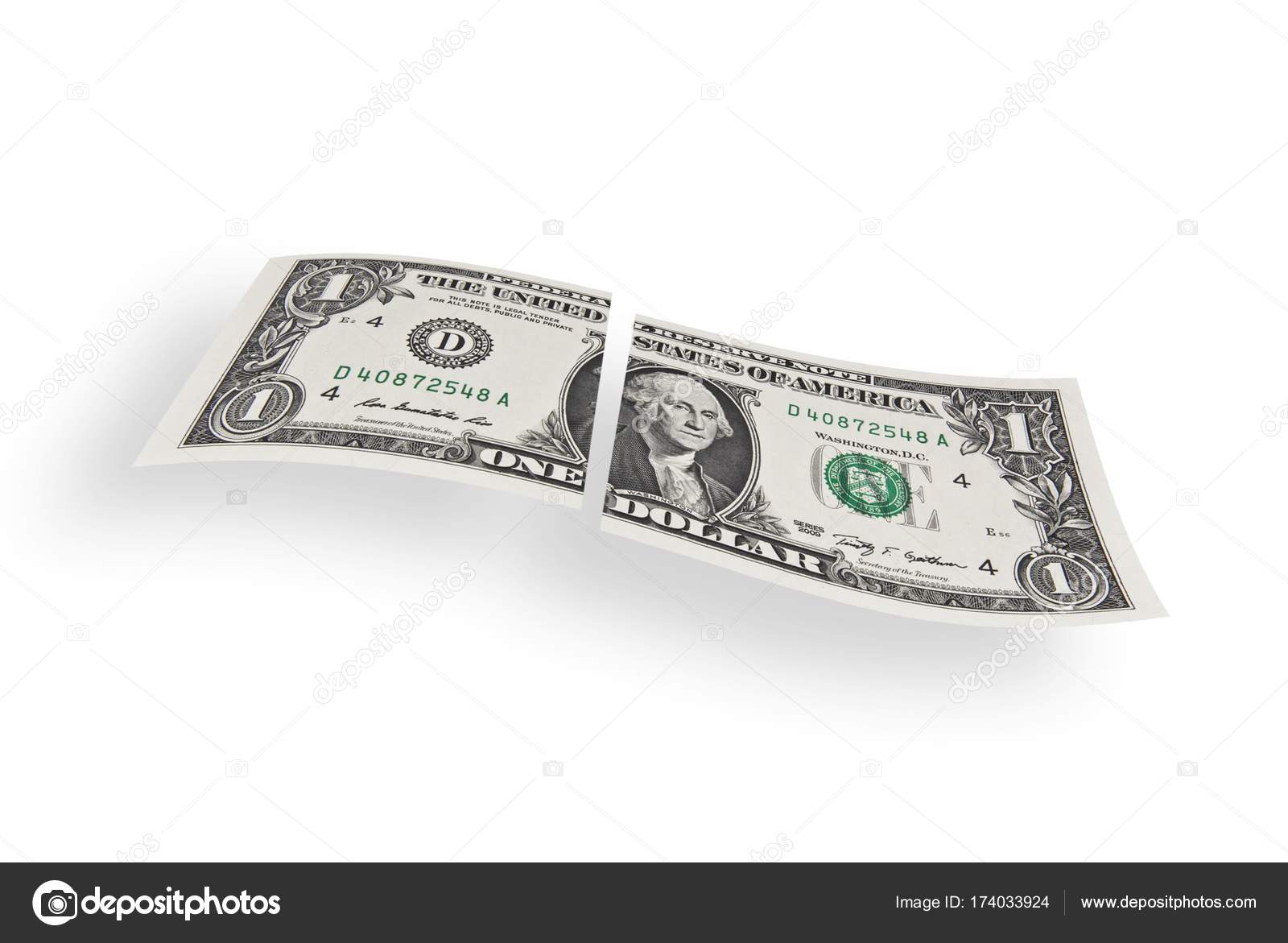 One Divided Dollar Bill Cut Devaluation Currency — Stock Photo ...