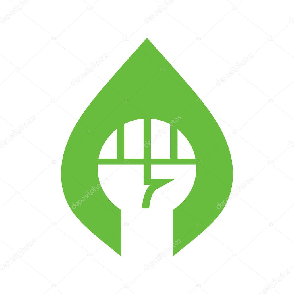 Mano humana con plantilla de logotipo de hoja, símbolo de puño cerrado 2023