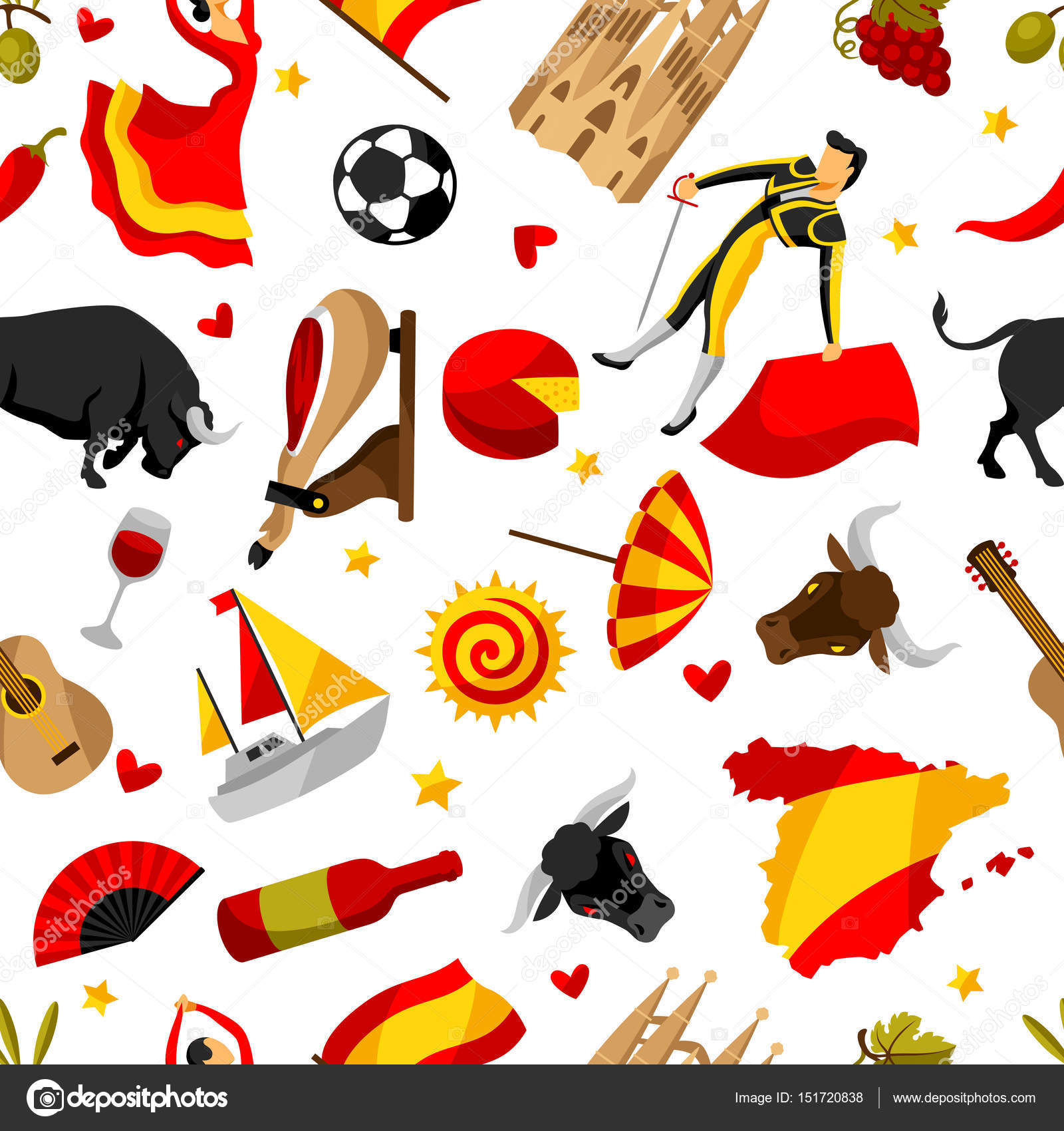 Spain seamless pattern. Spanish traditional symbols and objects Stock ...