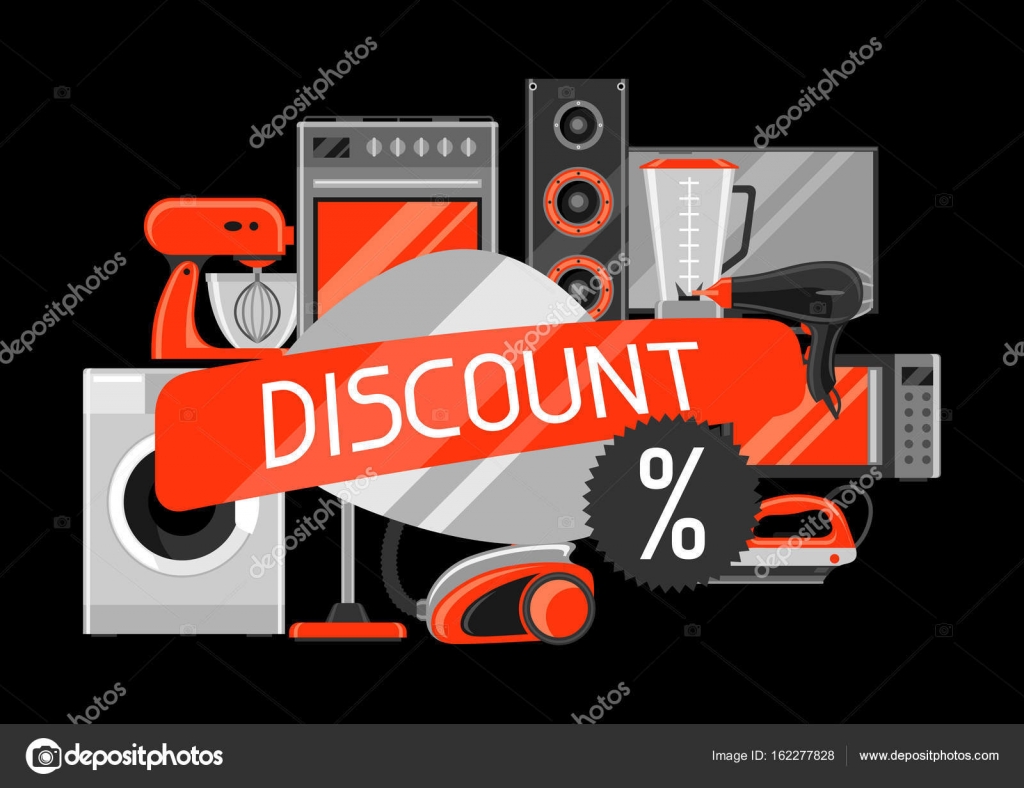 Discount background with home appliances. Household items for shopping ...